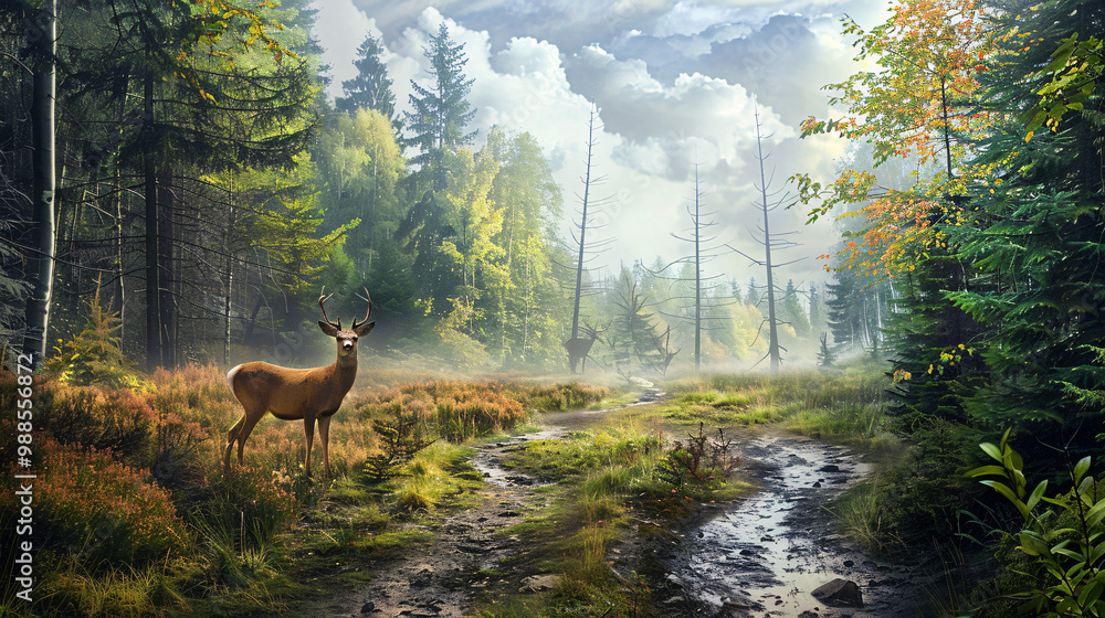 Secluded forest with thick underbrush on the left and a clear and muddy ...