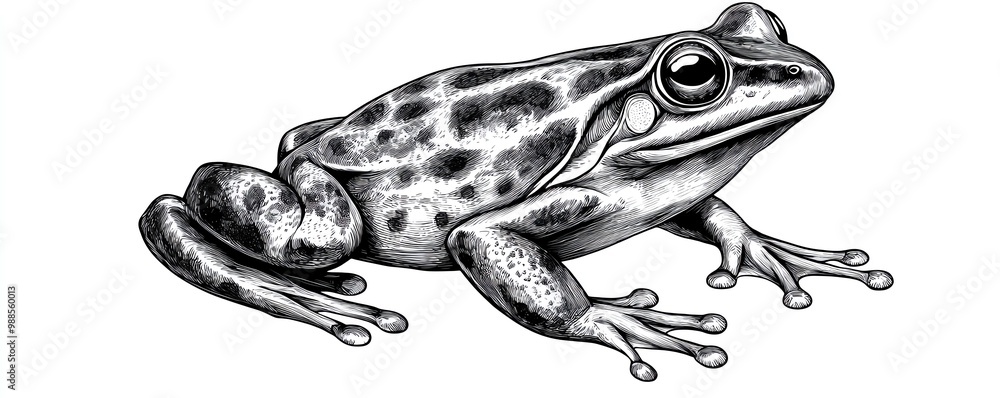 A detailed black and white illustration of a frog showcasing its unique ...