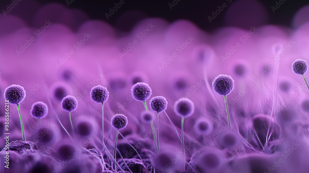 Zoomed-in view of fungal spores, showing their complex shapes and ...