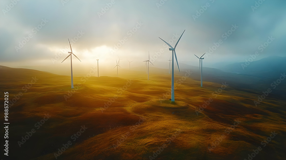 Wind turbines in a scenic landscape illuminated by the soft glow of ...