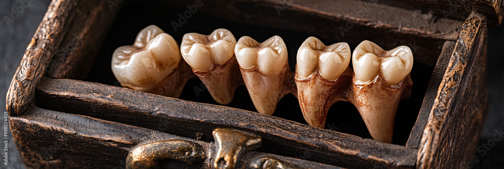 Teeth. Human teeth as gemstones in a treasure chest. Dark background ...