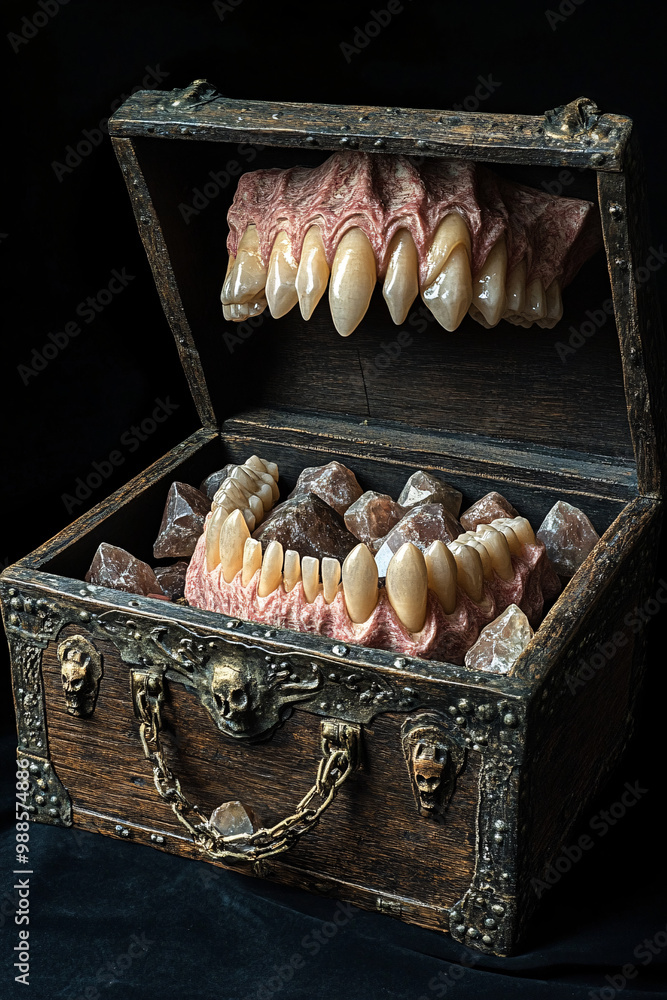 Teeth. Human teeth as gemstones in a treasure chest. Dark background ...