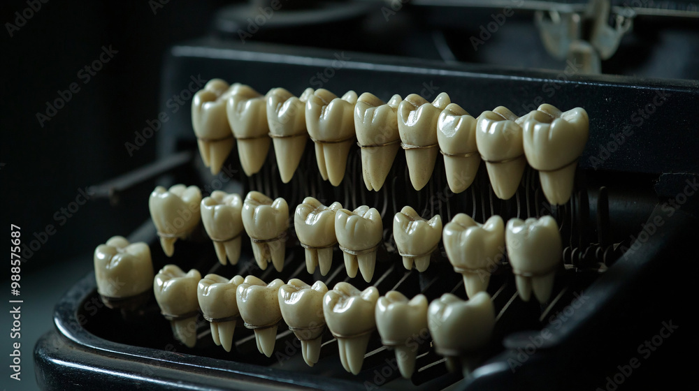 Teeth. Human teeth as keys on a typewriter. Dark background ...