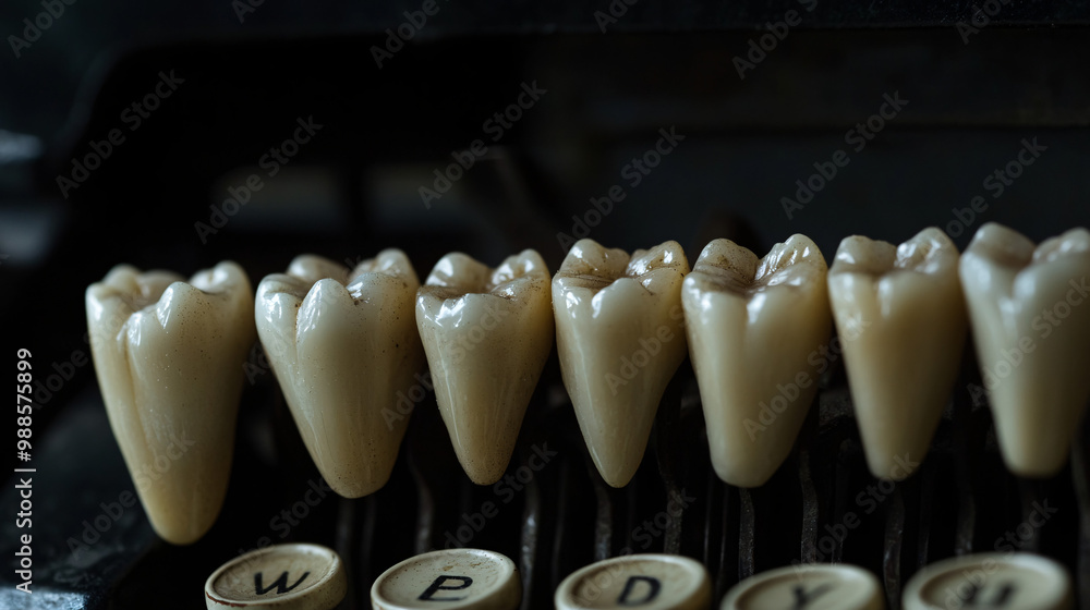 Teeth. Human teeth as keys on a typewriter. Dark background ...