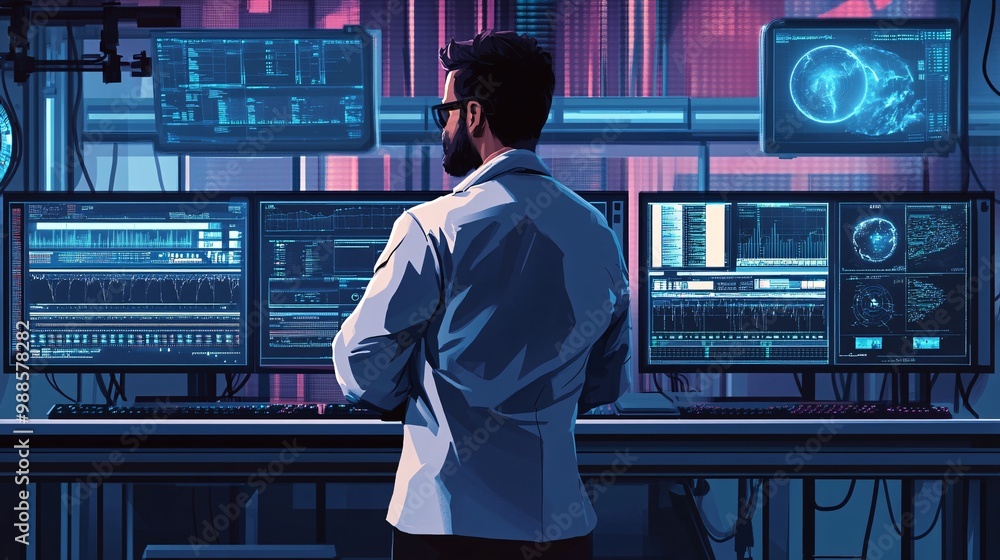 A scientist standing in front of a research lab analyzing data on ...