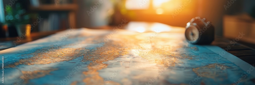 Map Exploration, intricate map layout on a table, softly blurred travel ...
