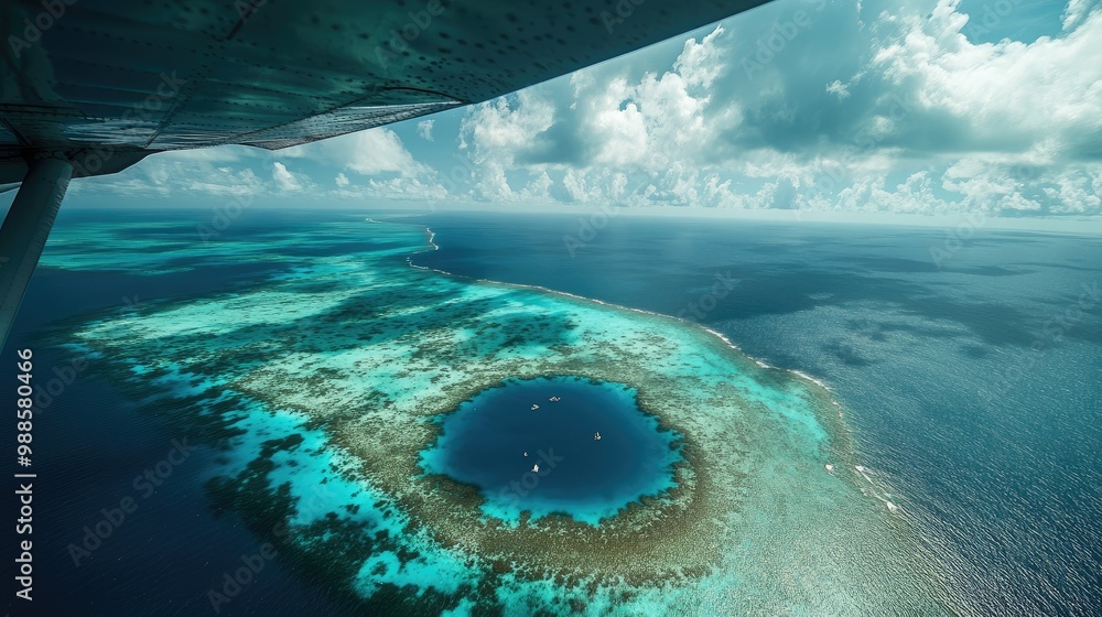 Panoramic view of the Great Blue Hole as seen from a low-flying plane ...