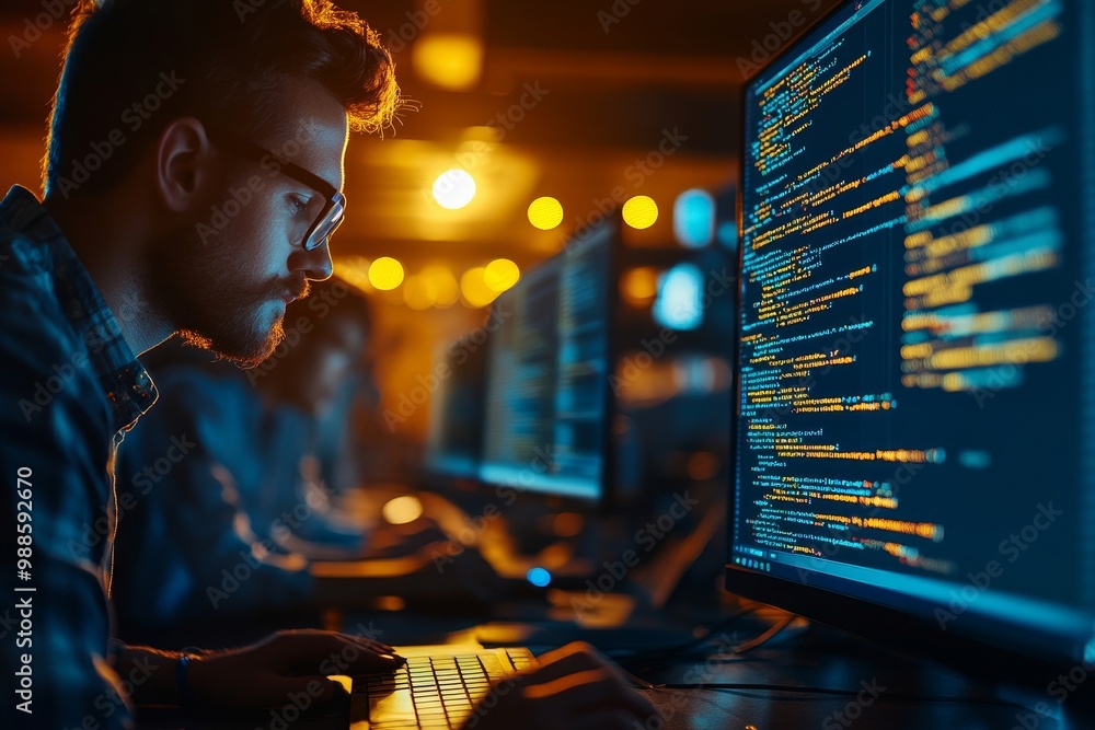 No glitches get past them. Cropped shot of young computer programmers working on source code ...