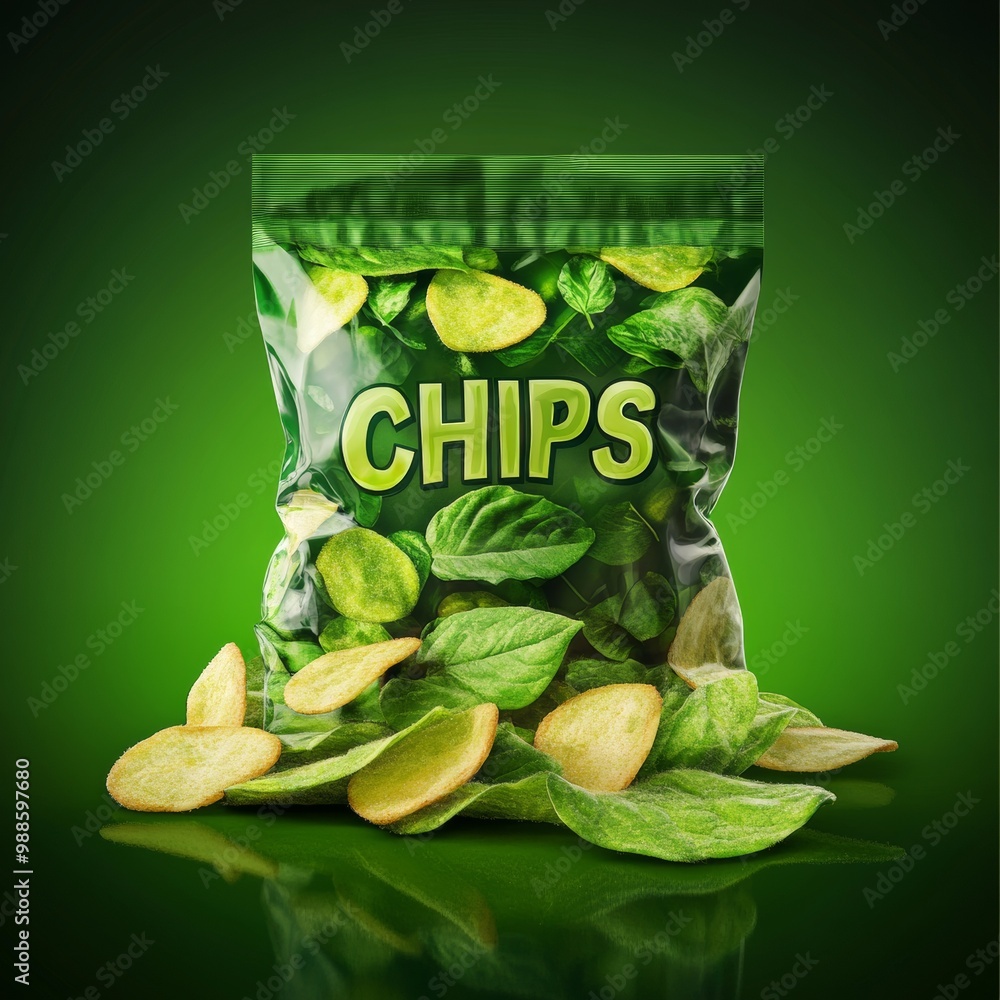 3D Render. Green Chips Bag with Leaf Design and 'CHIPS' Label Stock ...