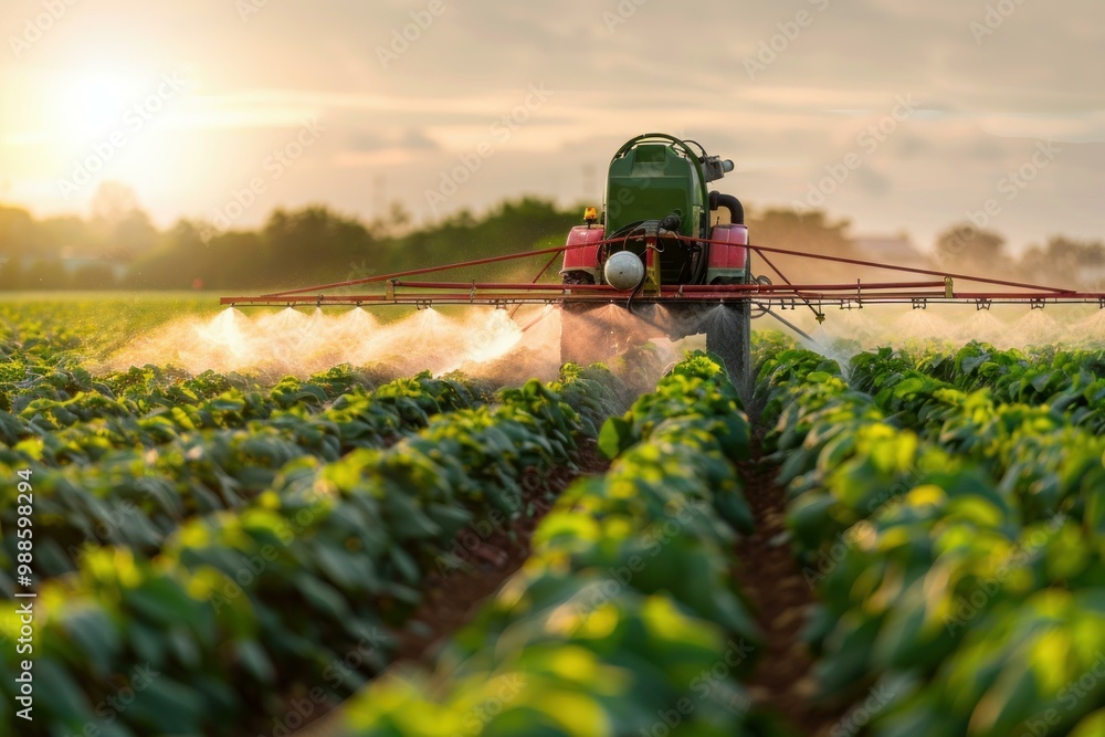 Tractor is spraying pesticides on a field of soybean plants to protect ...
