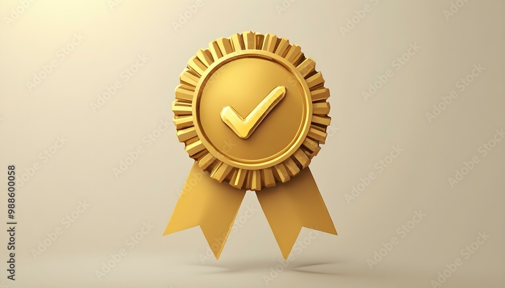 Gold badge rosette with checkmark representing achievement recognition ...