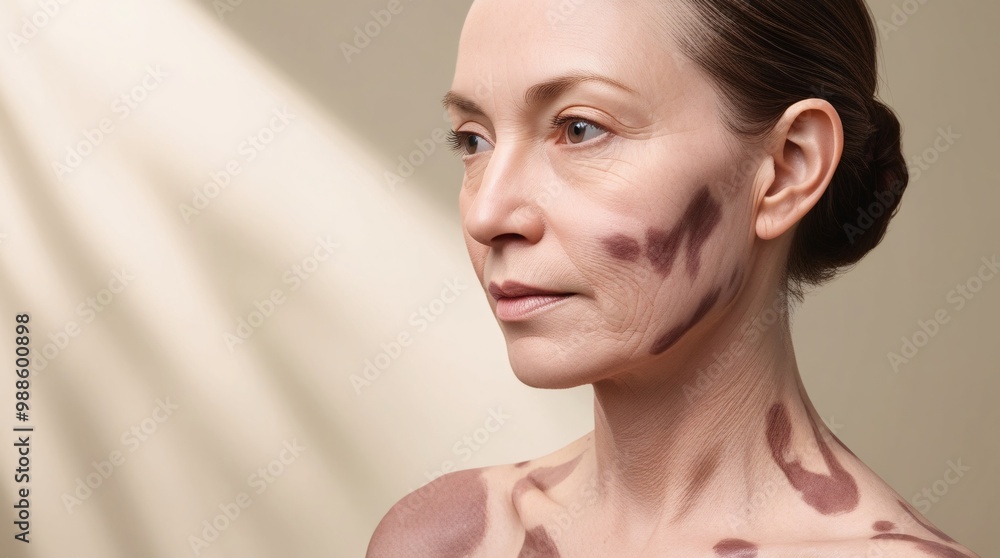 A side view of a patient with vitiligo, showcasing areas of depigmented ...