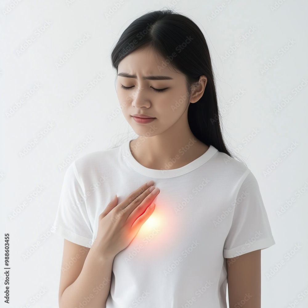 Healthcare Concept: Asian Young Woman with Acid Reflux Disease ...