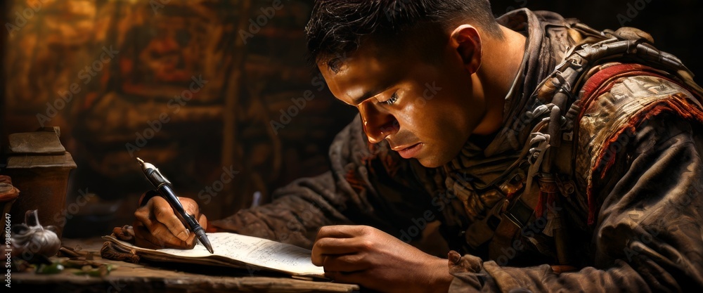 Soldier intensely writes in a journal by candlelight in a dark, war ...