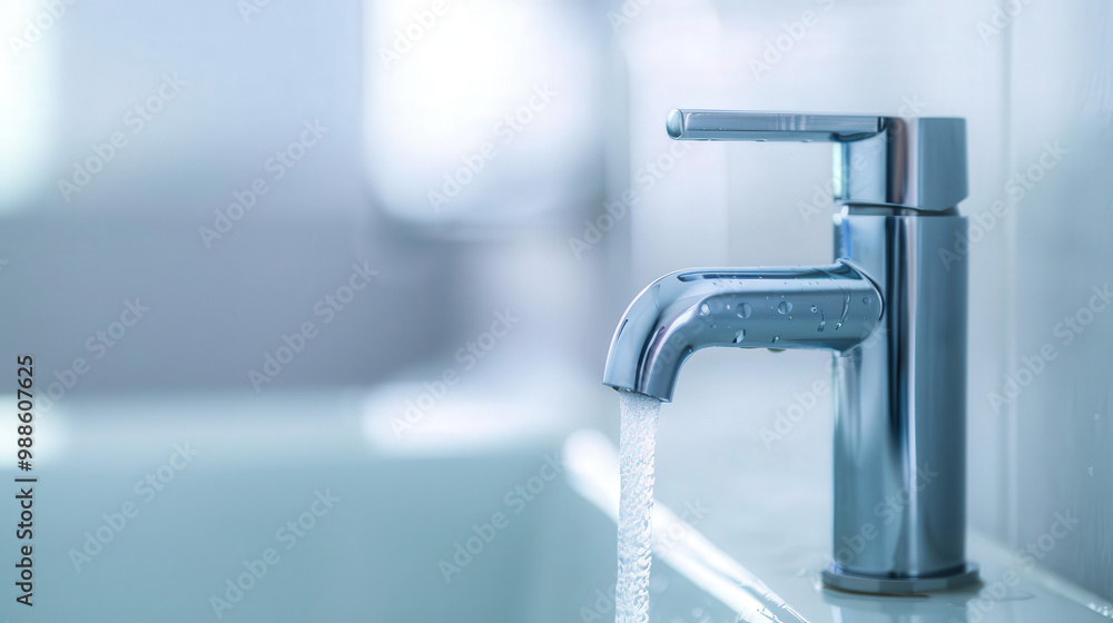 Sleek Faucet with Flowing Water, a modern kitchen scene featuring a ...