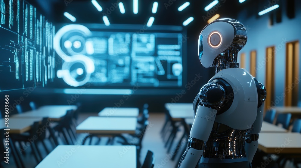AI artist robot teaching creative digital concepts in a classroom ...