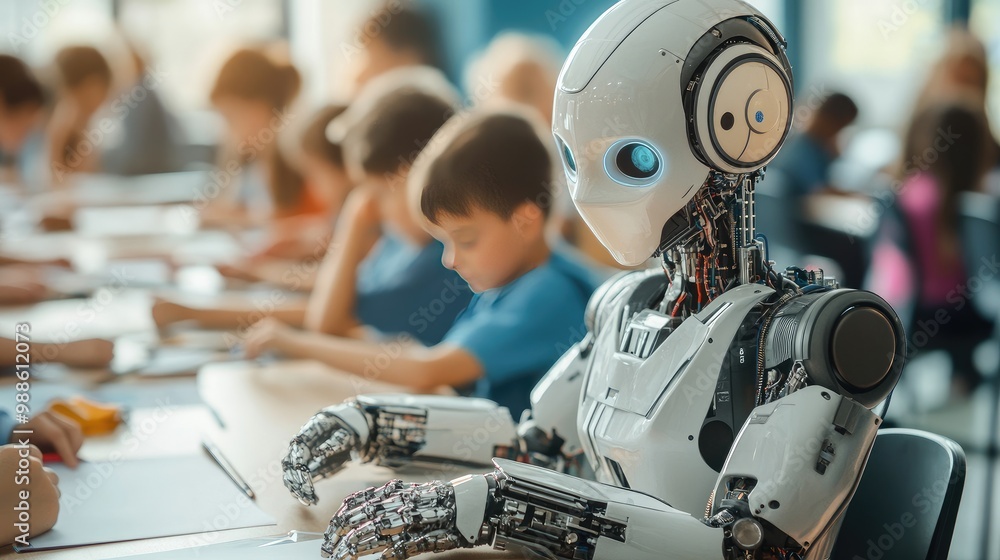 Modern AI artist robot teaching children how to create digital art in a ...