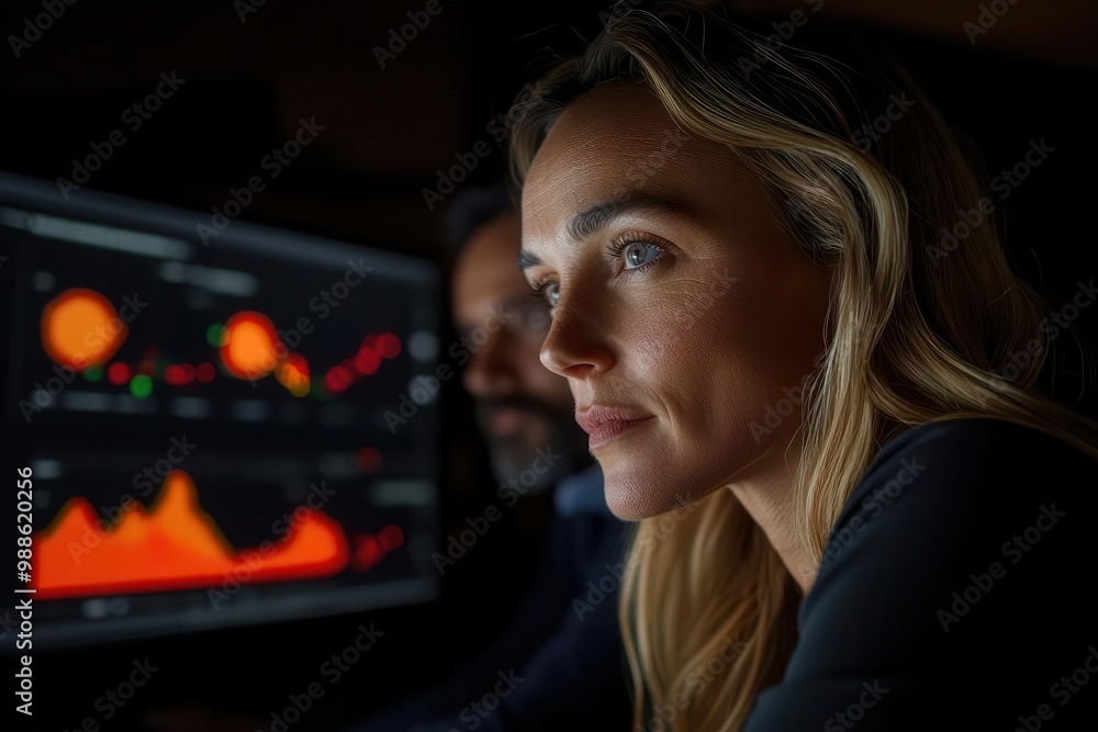 Business professionals reviewing a real-time heatmap of sales across ...