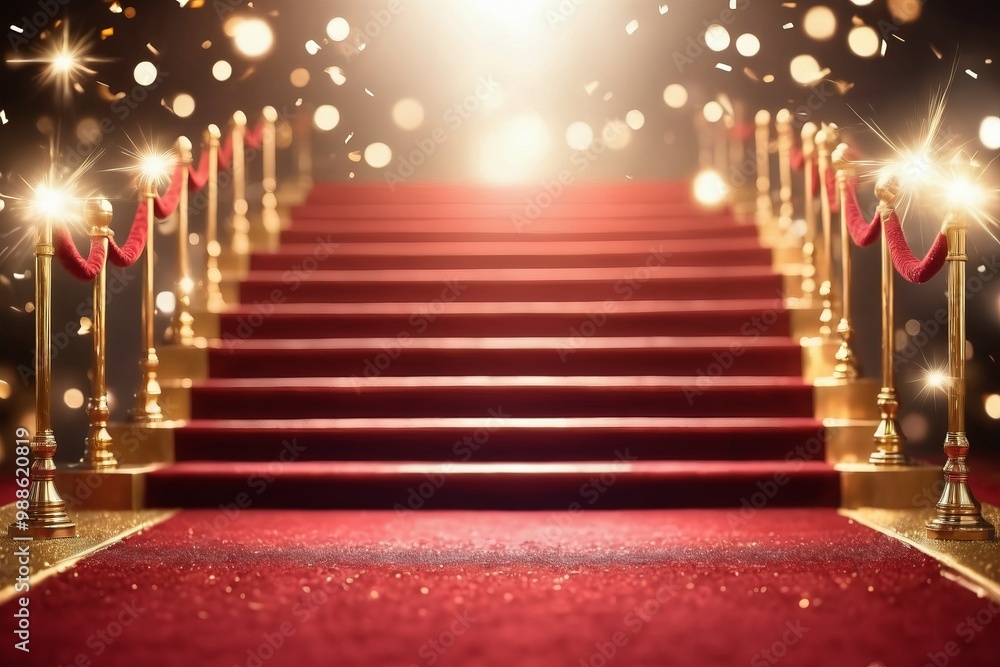 A staircase glamorous red carpet leading up to a stage, creating an ...