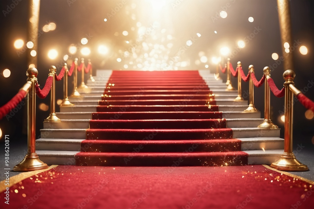 A staircase glamorous red carpet leading up to a stage, creating an ...
