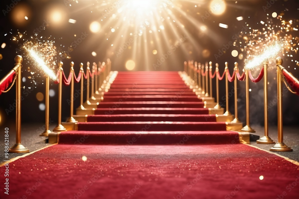 A staircase glamorous red carpet leading up to a stage, creating an ...