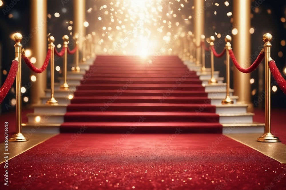 A staircase glamorous red carpet leading up to a stage, creating an ...