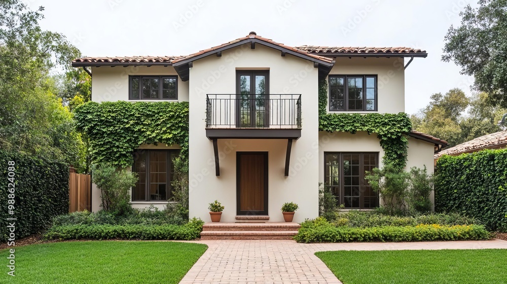 Suburban house with a front-facing balcony, ivy vines, and a brick ...