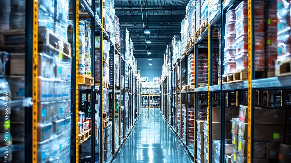 Cold storage warehouse with shelves of temperature-sensitive goods ...