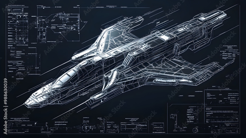 Orthographic Projection: A technical drawing of a futuristic spaceship ...