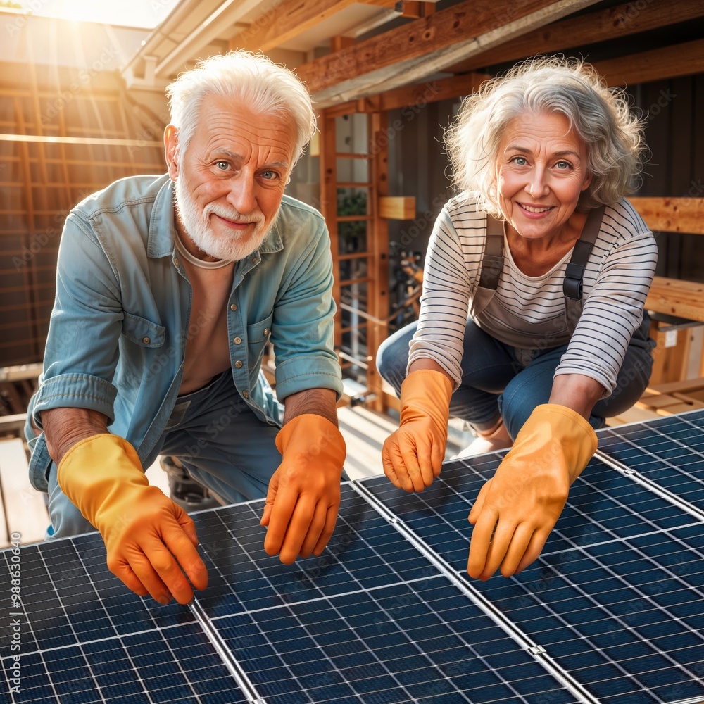 Solar Panel Installation. Senior couple collaborating on solar panel ...