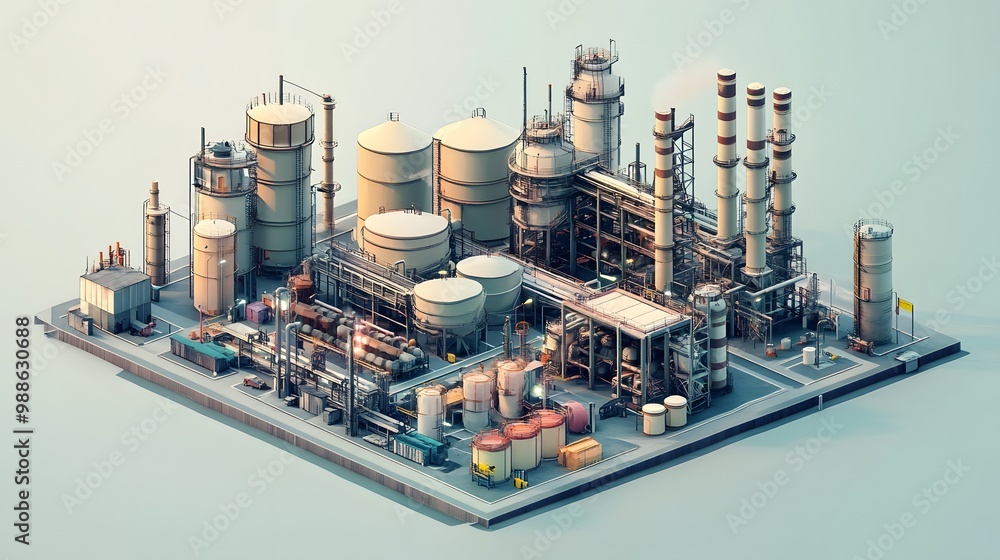 An isometric industrial complex with towering structures, where all ...