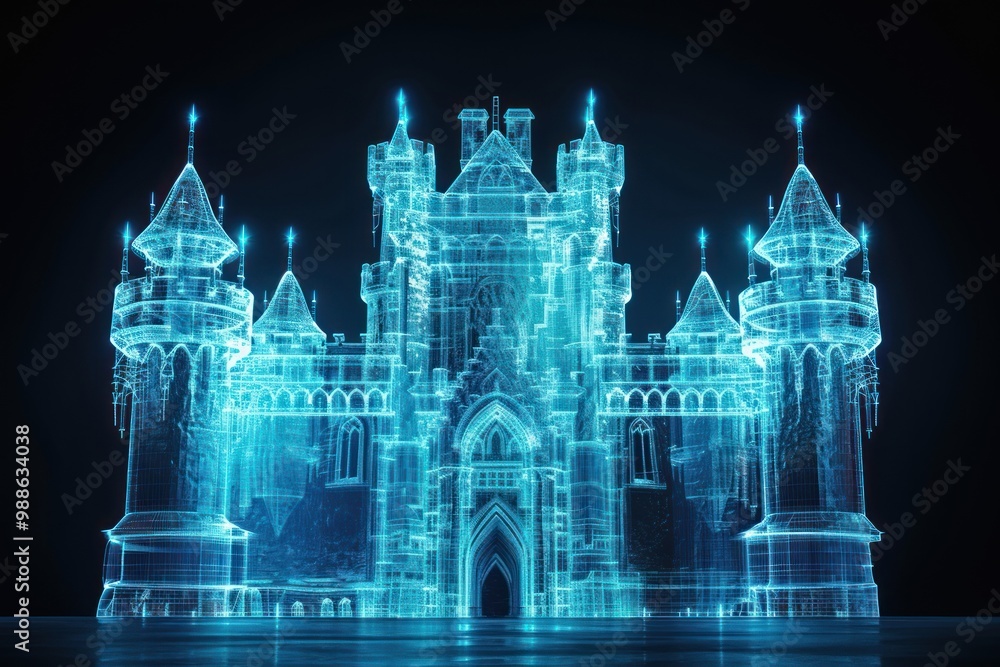 Glowing wireframe of castle architecture futuristic building. Stock ...