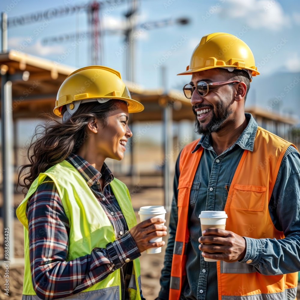 Construction Site Break. Two construction workers sharing friendly ...