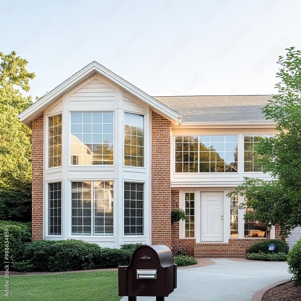 Two-story suburban house with large bay windows, soft white trim, and a ...