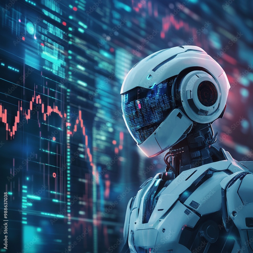 Robot futurista analizando datos financieros en una pantalla digital con gráficos de mercado ...