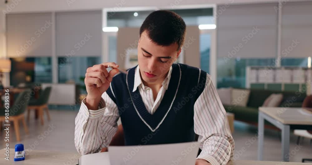 Education, man and thinking in online course for portrait, elearning ...