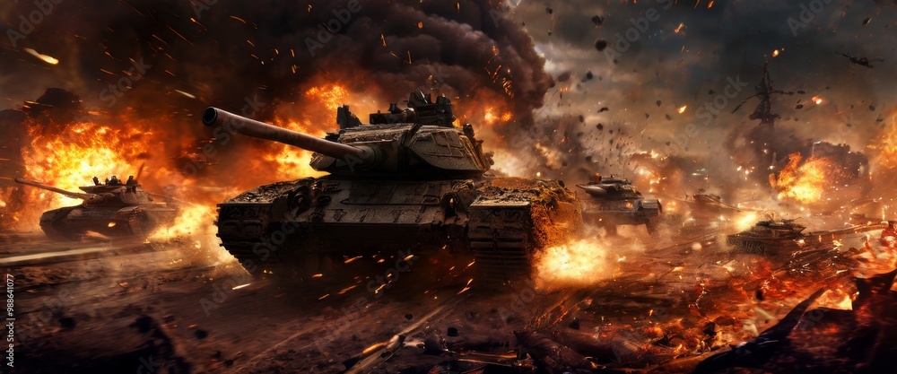 Military tanks charge through a battlefield engulfed in explosions and ...