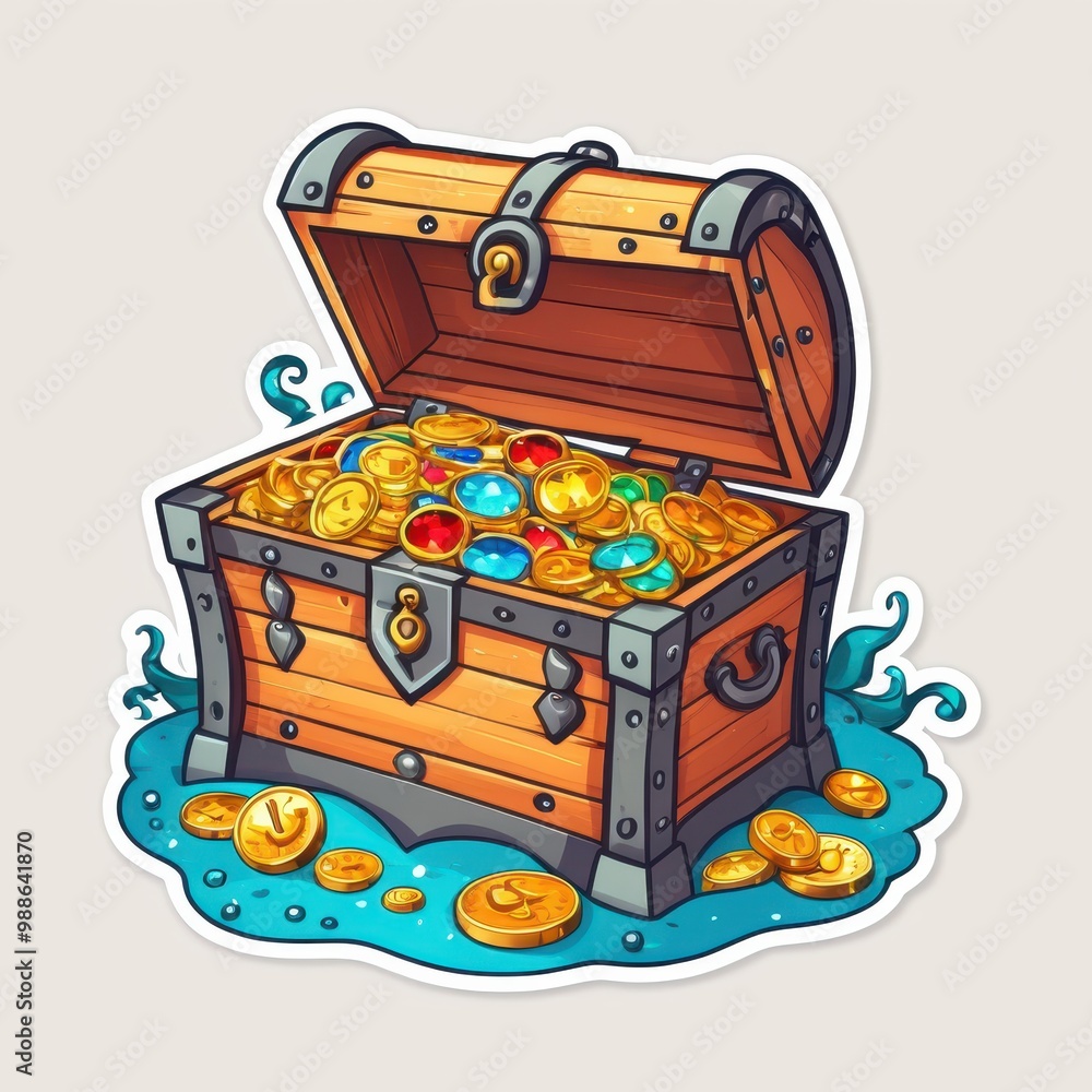 A cartoon-style wooden treasure chest brimming with golden coins and ...