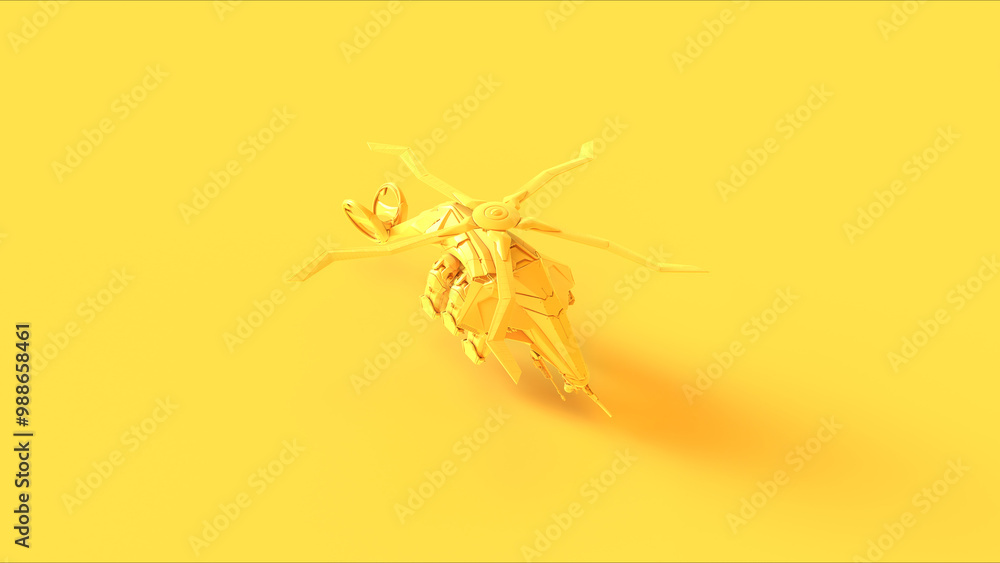 Yellow sci fi helicopter bright vivid military aircraft flying ...
