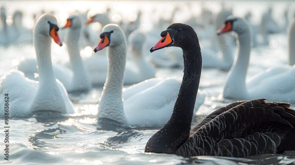 Black swan among white, different unique special leader identity, crowd ...