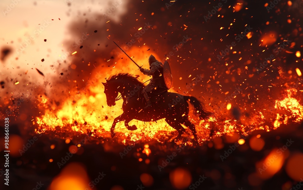 An epic 8K battle scene featuring an ancient warrior on a fiery steed ...