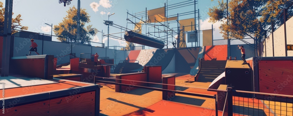 A parkour park with a mix of high and low walls, rails, and vault boxes ...