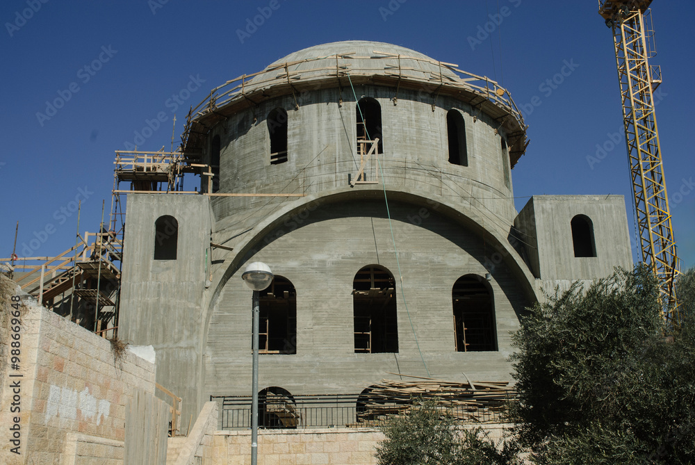 Exterior view of the Hurva Synagogue during reconstruction in the ...