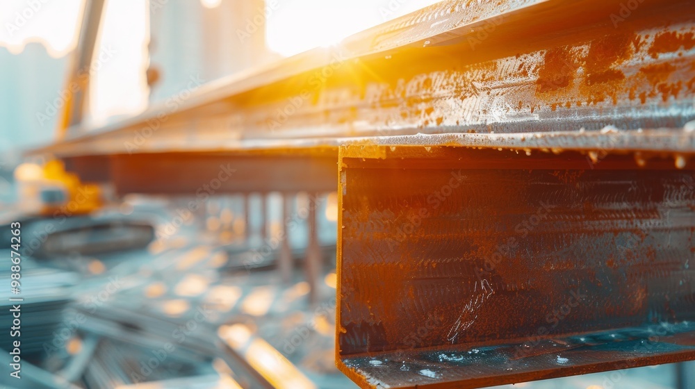 Close-up of a steel beam being lifted by a crane in a construction site ...