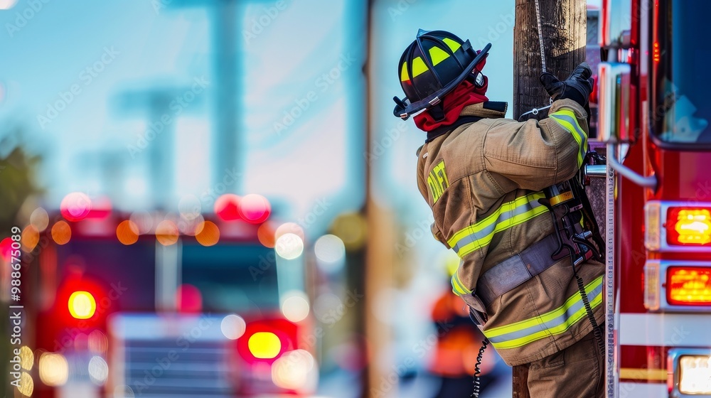 Firefighter in full gear slides down fire station pole, ready for ...