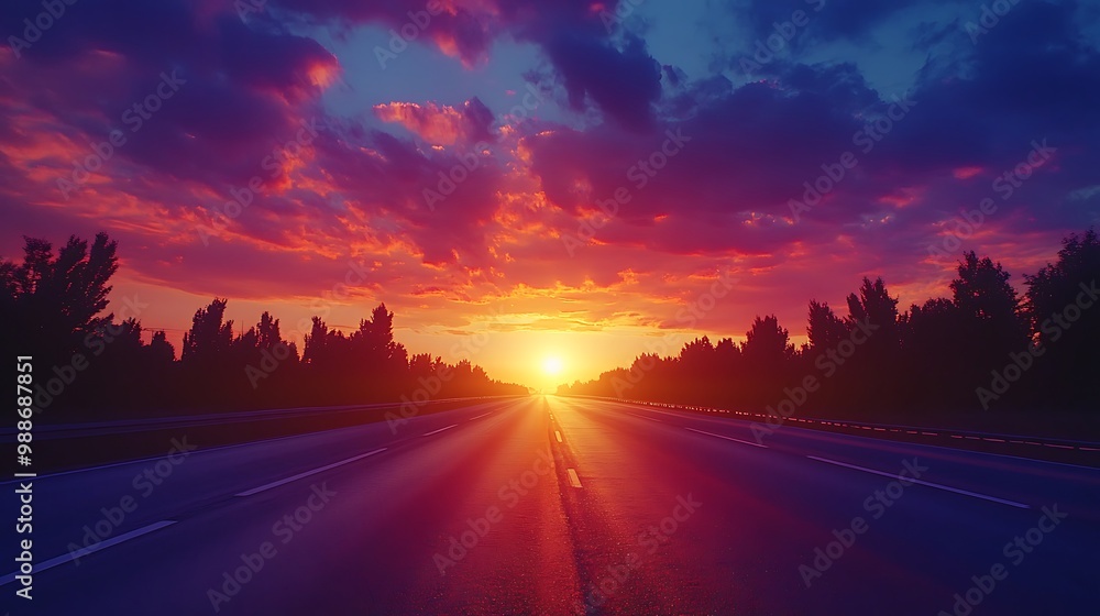 Sunset Road: Scenic Highway with Trees and a Vibrant Sky - Background ...