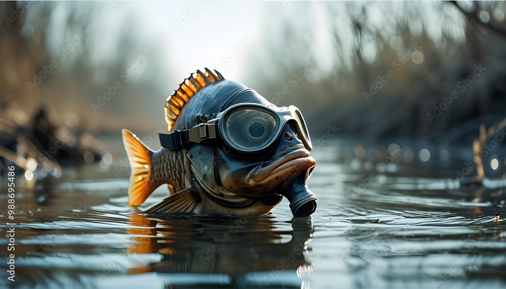 Fish wearing a respirator mask swimming in polluted waters ...
