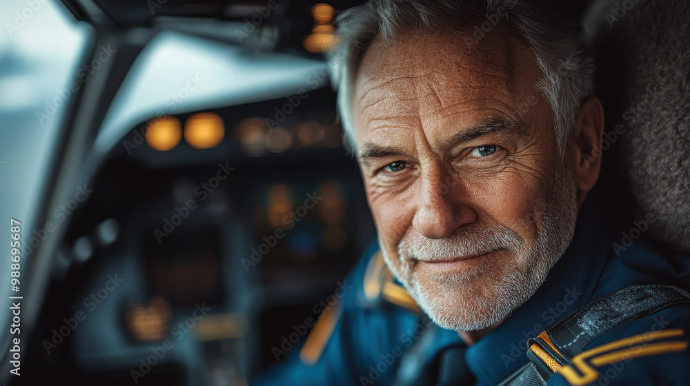 Experienced pilot in the cockpit wearing a blue uniform, ready for ...