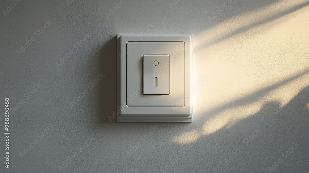 Light switch on a minimalist wall illuminated by soft natural sunlight ...