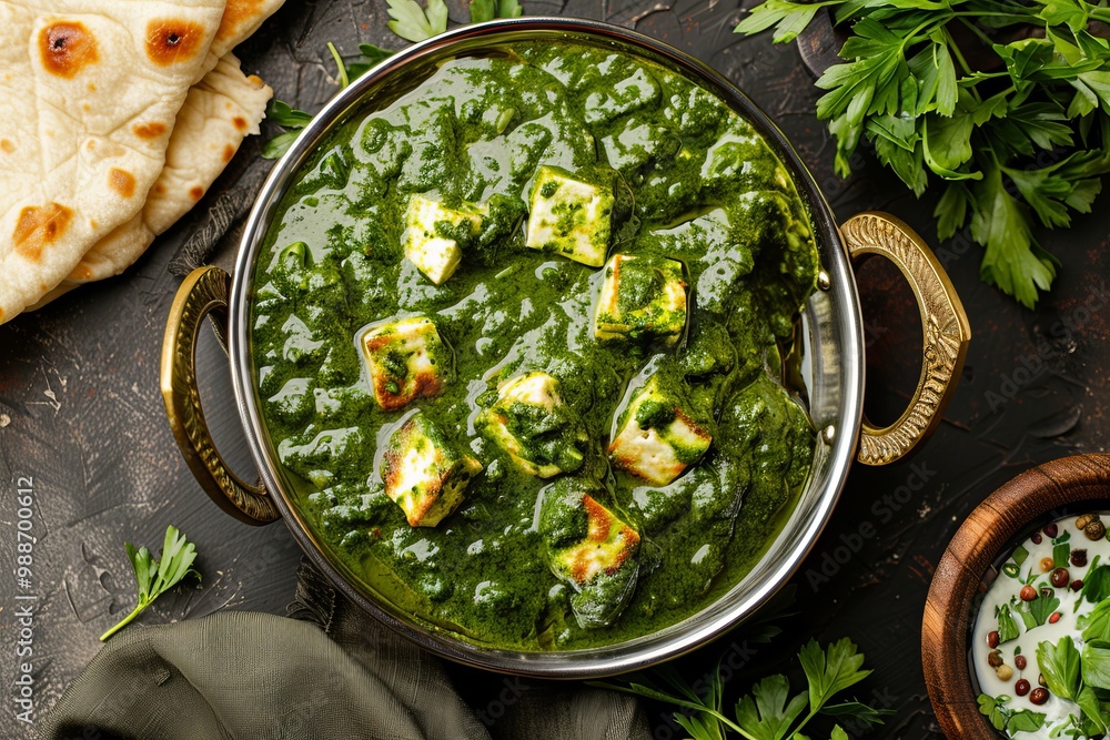 Palak Paneer served in a traditional copper bowl, surrounded by naan ...